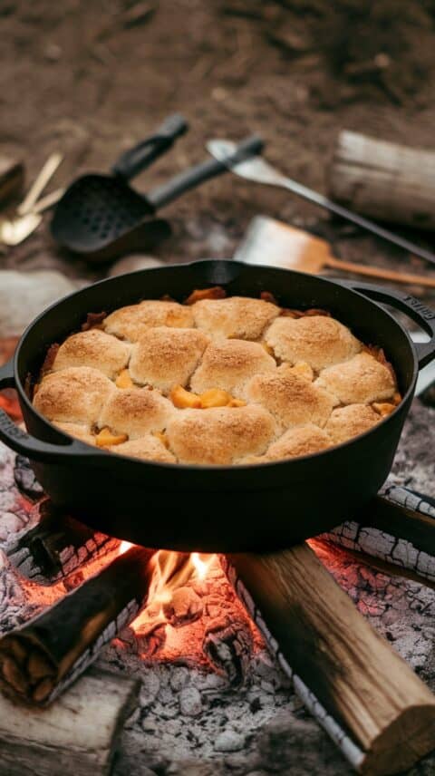 Delicious Open Fire Dutch Oven Peach Cobbler | Arkansas Frontier